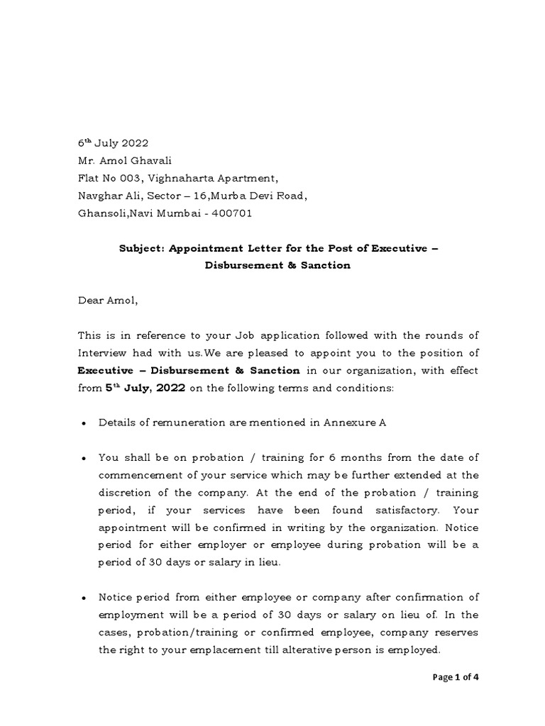 Appointment Letter - Amol Ghavali | PDF | Employment | Business