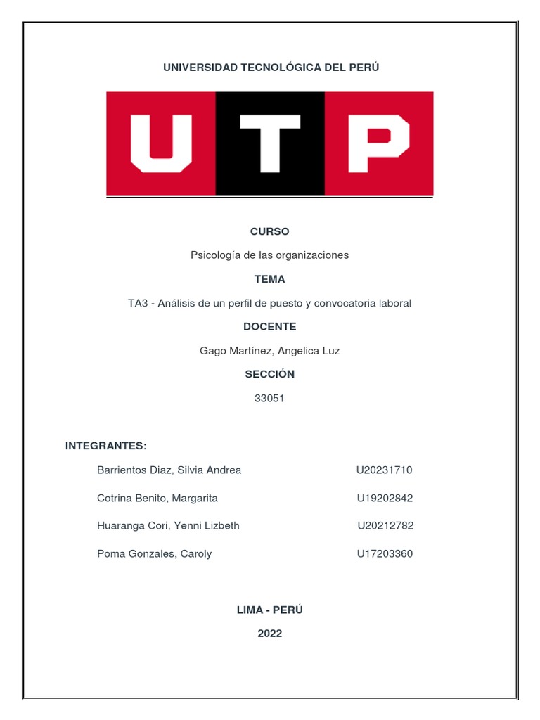 TA3 - Análisis de Un Perfil de Puesto | PDF | Método de enseñanza | Informática