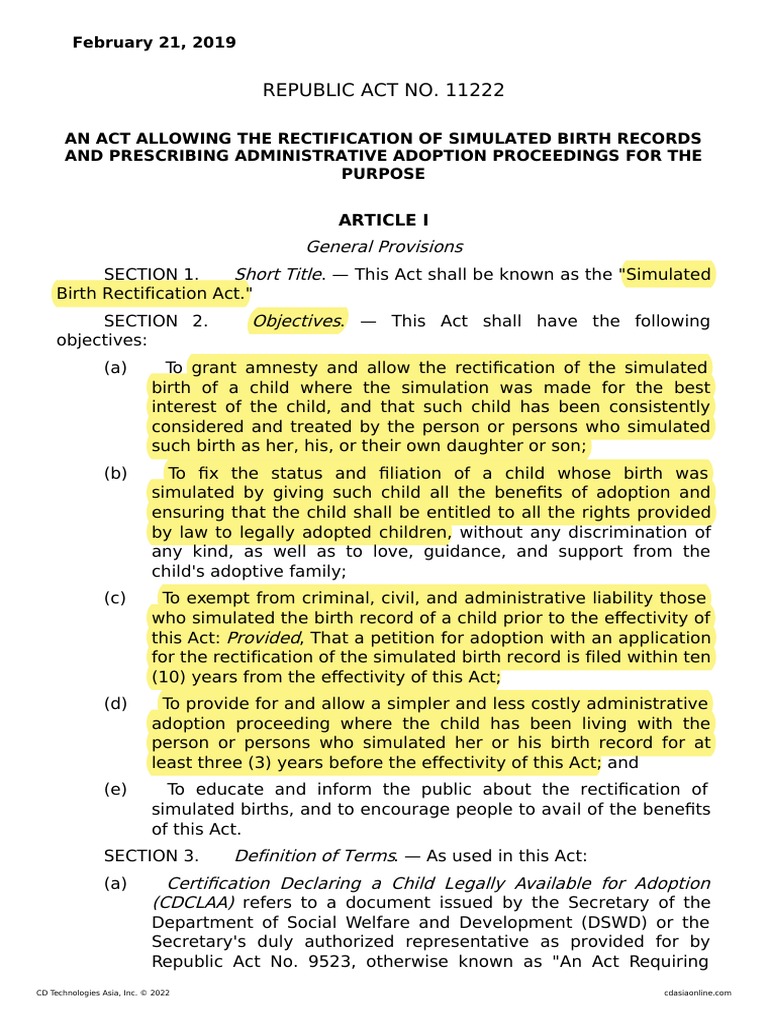 Republic Act No. 11222 - Simulated Birth Rectification Act | PDF ...