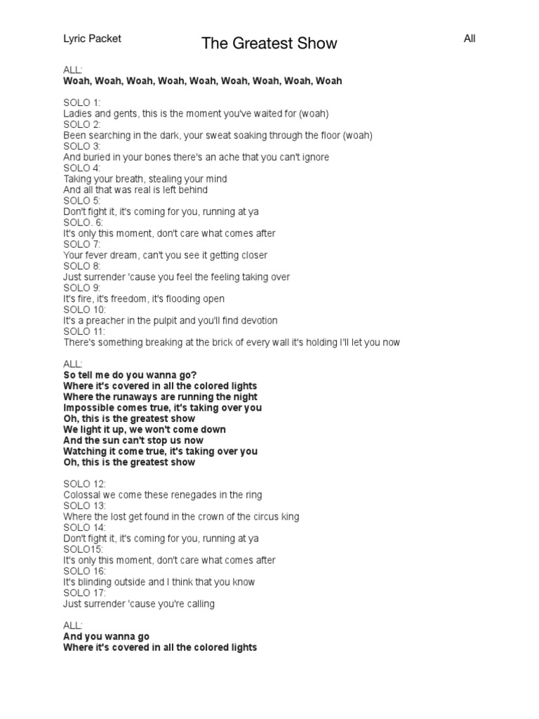 BK 2018 Greatest Show Lyrics | PDF