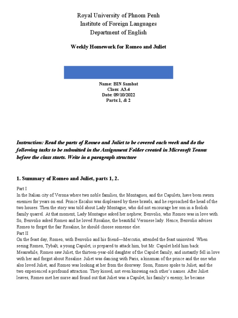 Weekly Task Handout For Romeo and Juliet | PDF