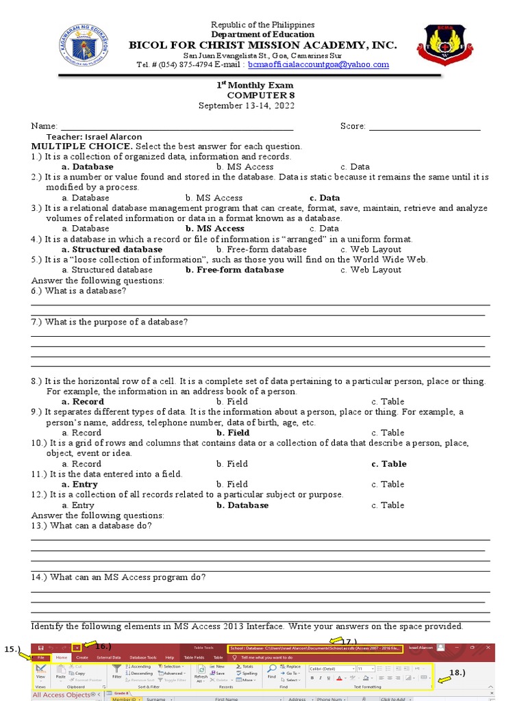 Grade 8-COMPUTER 1st Monthly | PDF | Databases | Microsoft Access