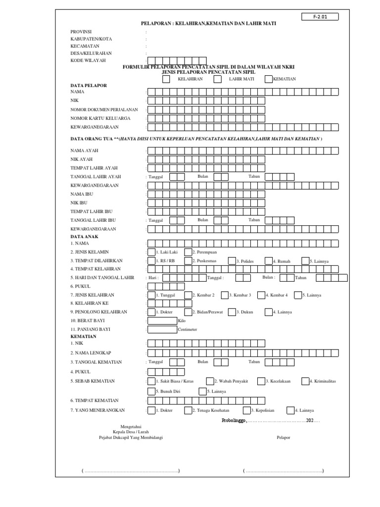 Formulir F2.01 Pelaporan Kelahiran | PDF