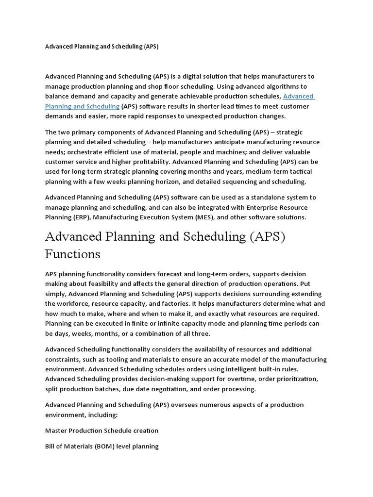 Advanced Planning and Scheduling | PDF | Scheduling (Production Processes) | Mathematical ...