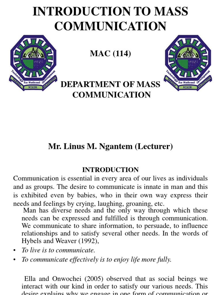 INTRODUCTION TO MASS COMMUNICATION Lecture Slides | PDF | Communication | Mass Media