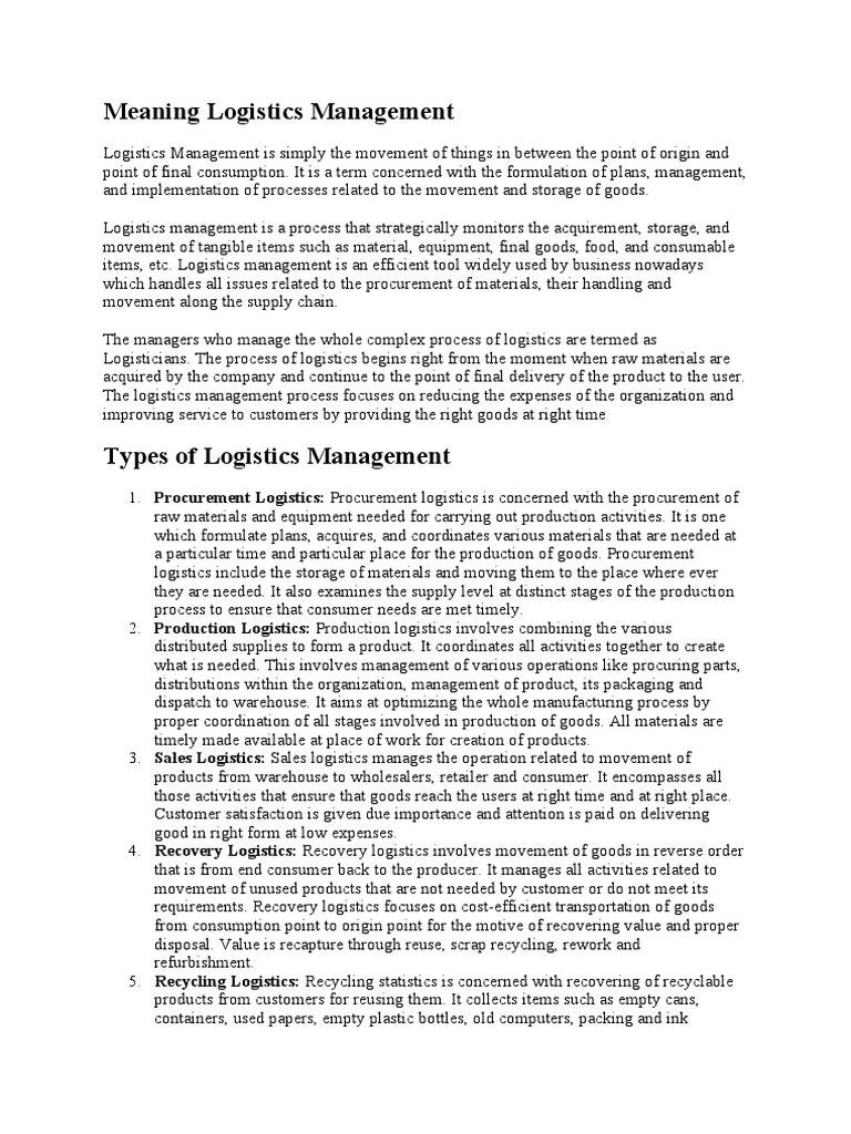 Meaning Logistics Management | PDF | Logistics | Supply Chain Management