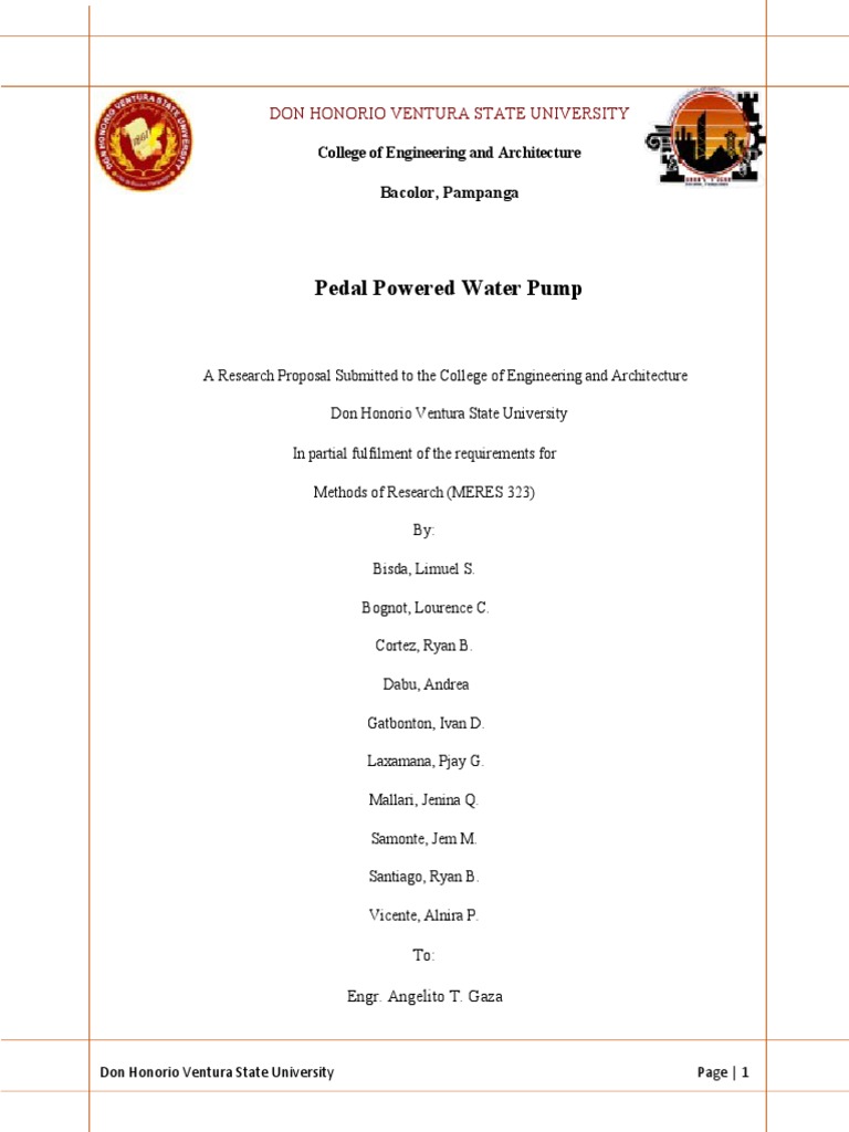 Pedal Powered Water Pump - BSME 3B - THESIS PROPOSAL | PDF | Pump | Mechanical Engineering