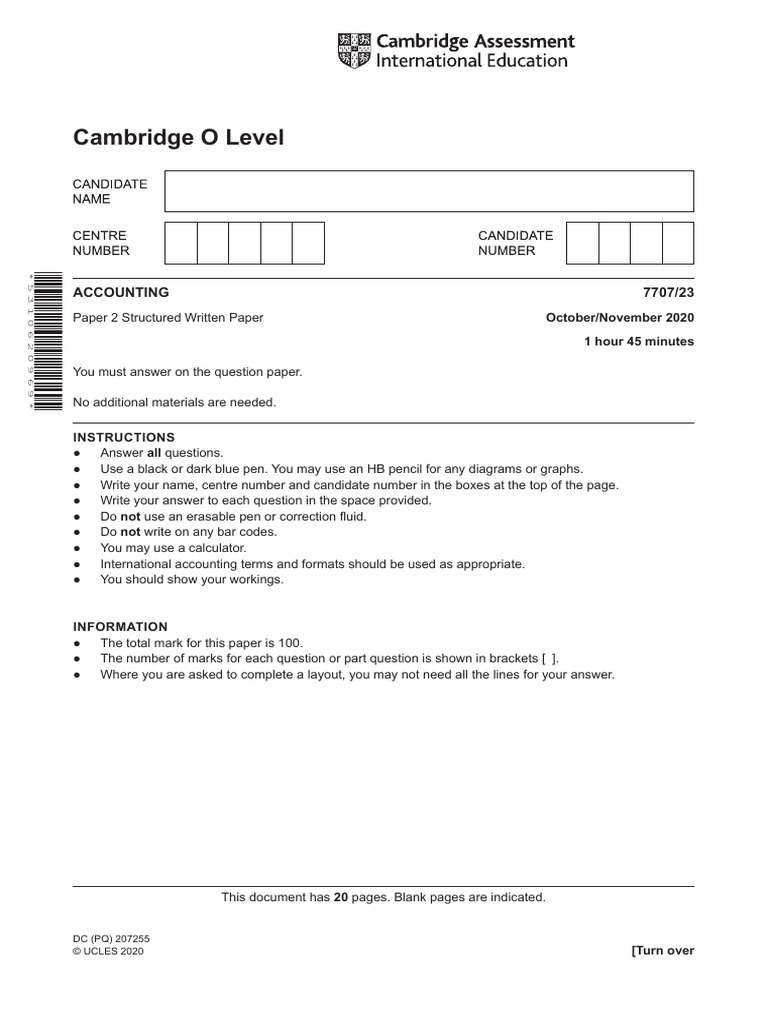 Cambridge O Level: ACCOUNTING 7707/23 | PDF | Banks | Cheque