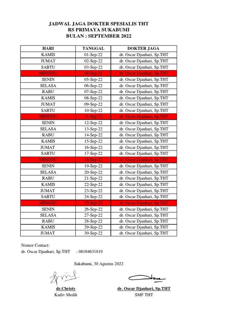 Jadwal Jaga Dokter Spesialis THT RS Primaya Sukabumi Bulan September 2022 | PDF