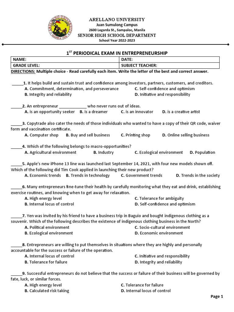 Entrep 1ST Periodical Exam 2022 2023 2 | PDF | Entrepreneurship | Retail