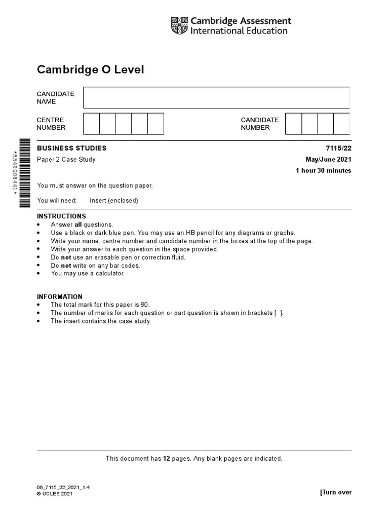 Cambridge O Level: 7115/22 Business Studies | PDF | Copyright | Business