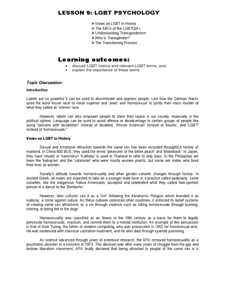 LESSON 9 - LGBTQ Psychology | PDF | Transgender | LGBTQIA+ Studies