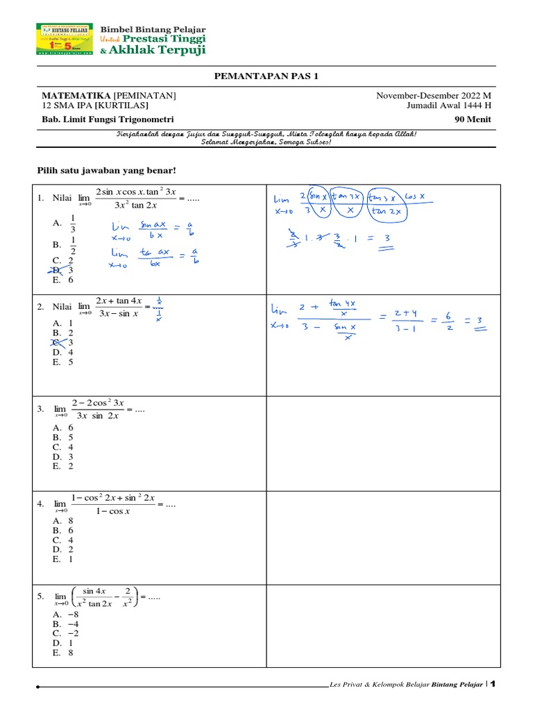 Bank Soal PM PAS 1 Matematika 12 SMA Peminatan K13 (Limit Fungsi ...