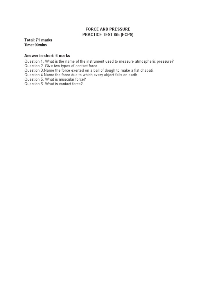 Class 8 Force and Pressure Practice Test | PDF | Force | Pressure