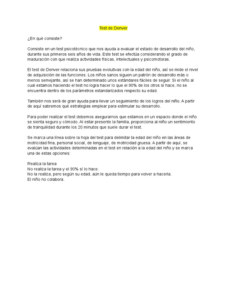 Test de Denver: Evaluación del Desarrollo Infantil | PDF