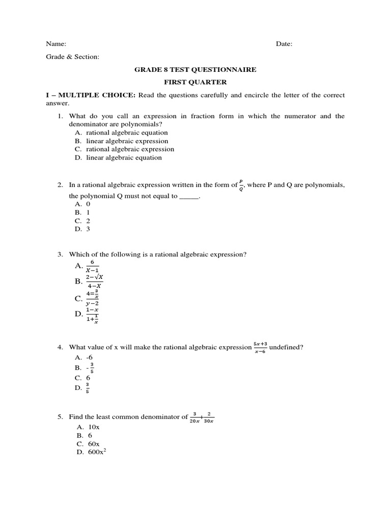 Grade 8 - Algebra - TQ | PDF | Rational Number | Polynomial