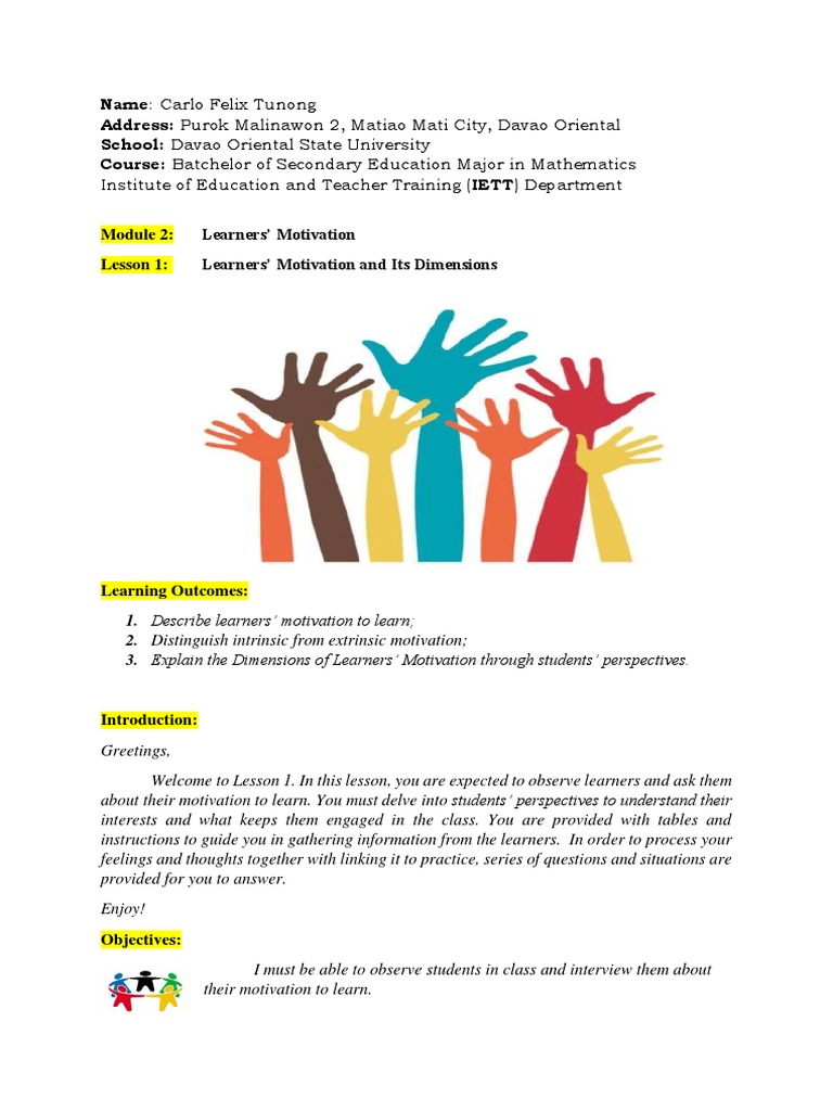 Carlo Felix Tunong Module 2. Lesson 1 | PDF | Motivational | Motivation