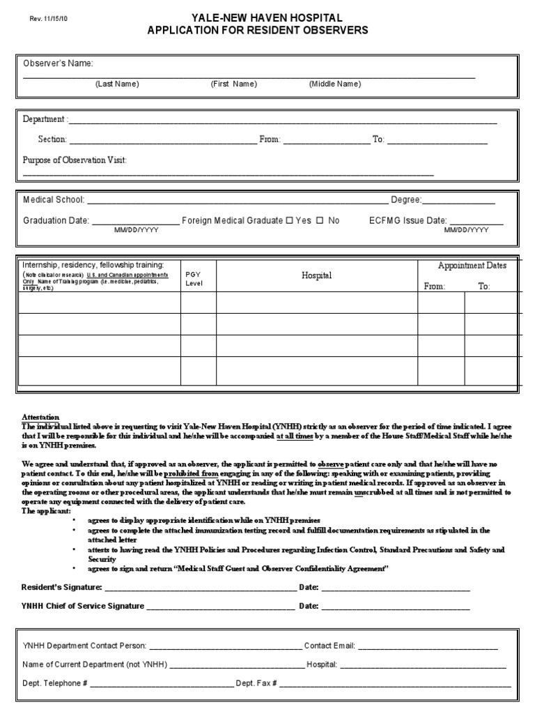 Yale-New Haven Hospital Observership Application | PDF | Medical Record ...