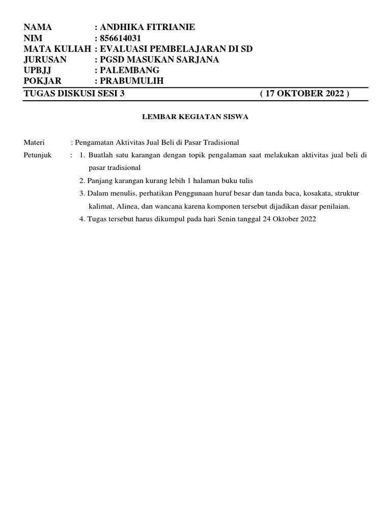 Andhika Fitrianie - Diskusi Sesi 3 - Evaluasi Pembelajaran SD | PDF