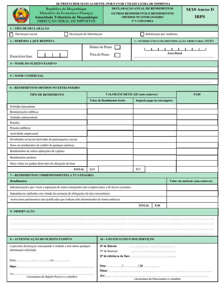 Irps M-10 Anexo D | PDF | Impostos | Renda
