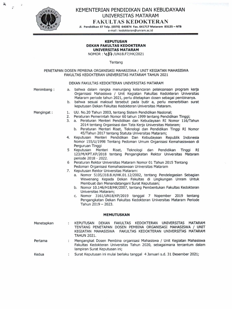 487 SK Penetapan Dosen Pembina ORMAWA FK Unram | PDF