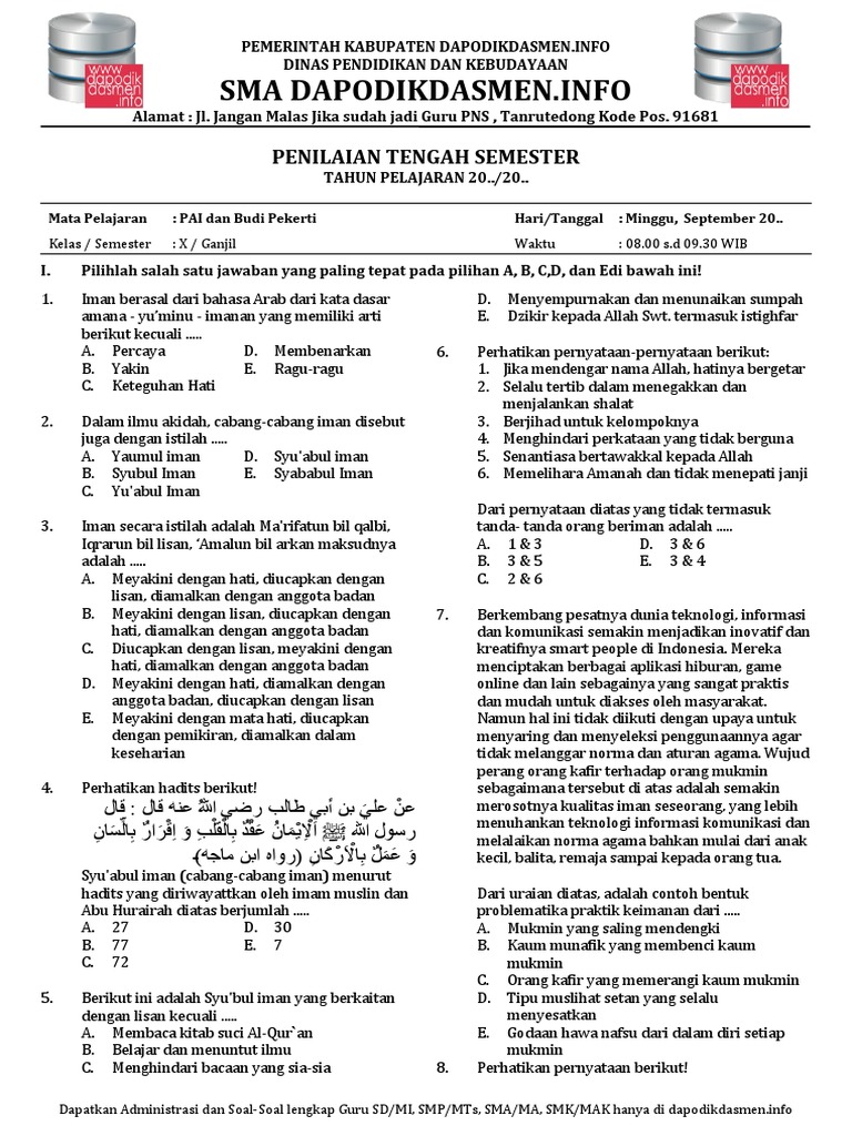 Soal PTS Kelas 10 SMSTR 1 PAI Dapodikdasmen - Info | PDF