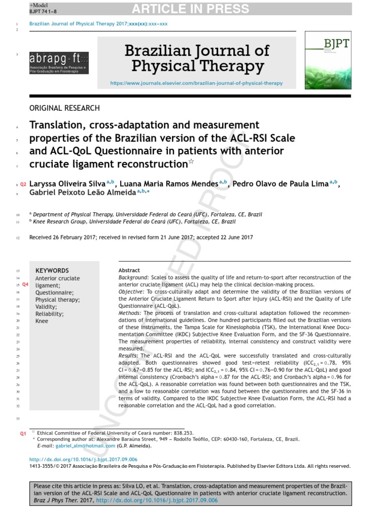 ACL RSI Transcultural LCA | PDF | Validity (Statistics) | Quality Of Life