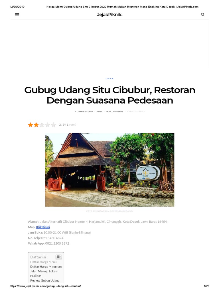 Harga Menu Gubug Udang Situ Cibubur 2020 Rumah Makan Restoran Mang ...