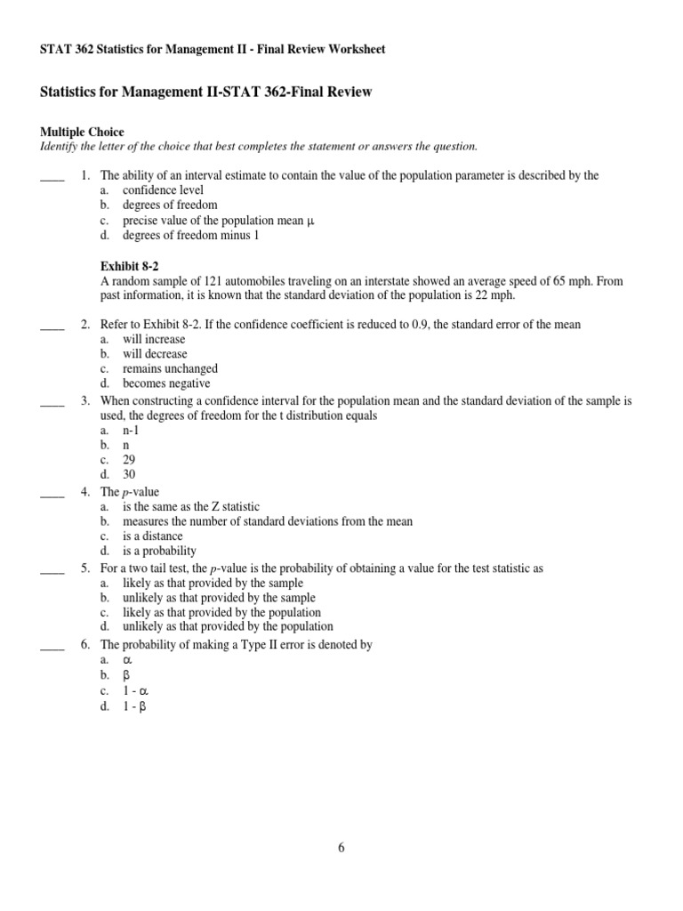 Final Review Worksheet-STAT 362-Final Review | PDF | P Value ...