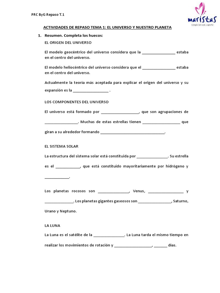 Actividades Repaso T.1 | PDF | Universo | Sistema solar