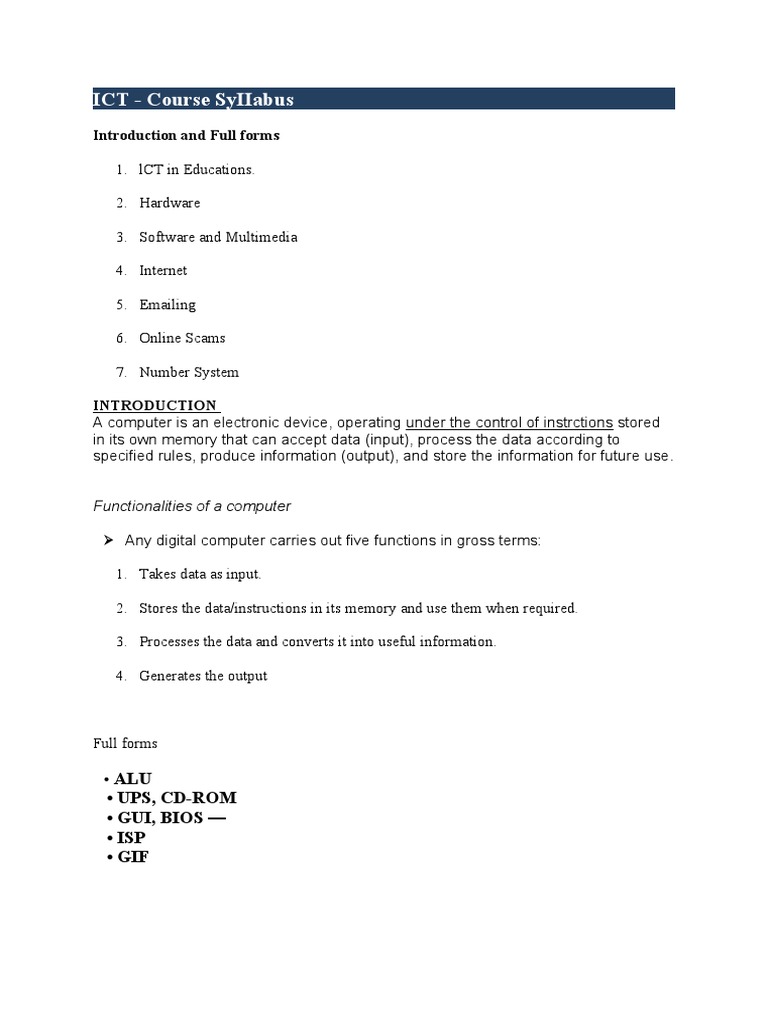 Ict - Course Syiiabus: Introduction and Full Forms | PDF | Printer (Computing) | Central ...