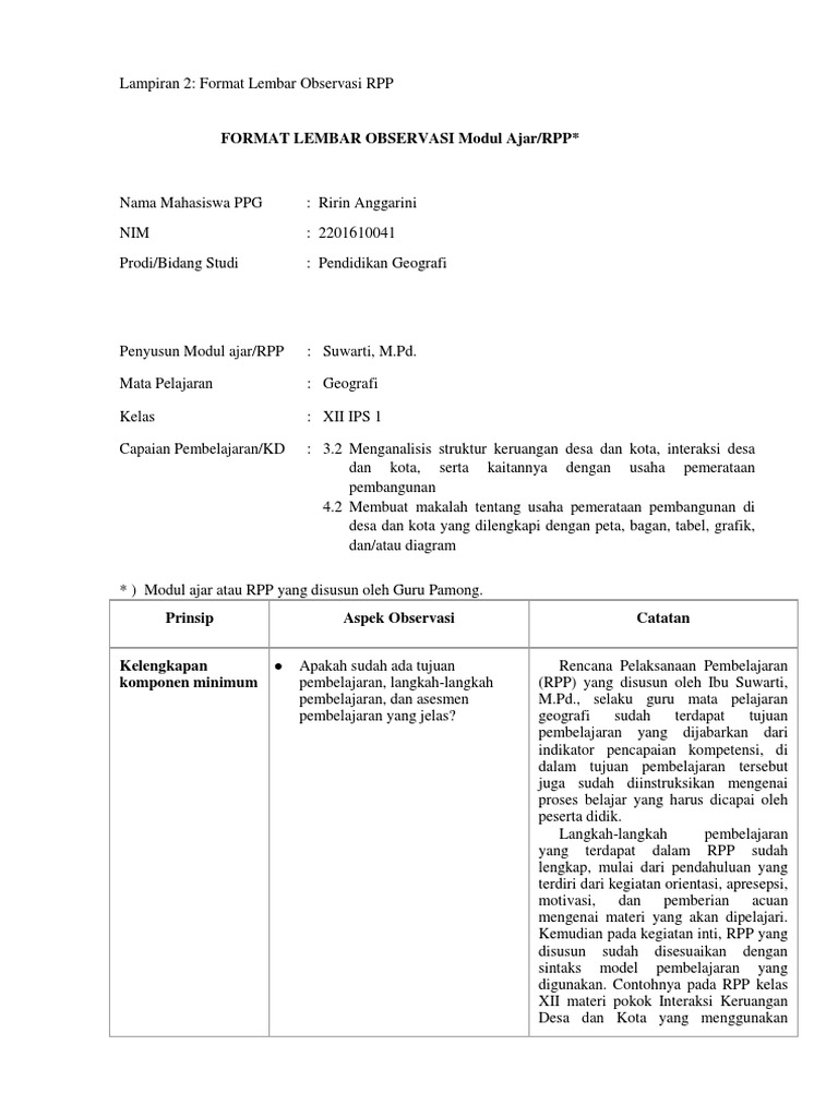 Lampiran 2 - Observasi RPP | PDF