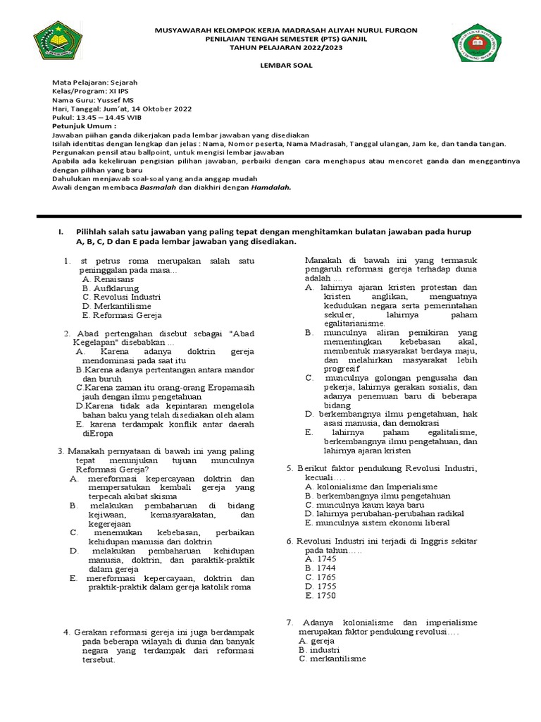 FORMAT SOAL PTS Sejarah Kelas 11 | PDF