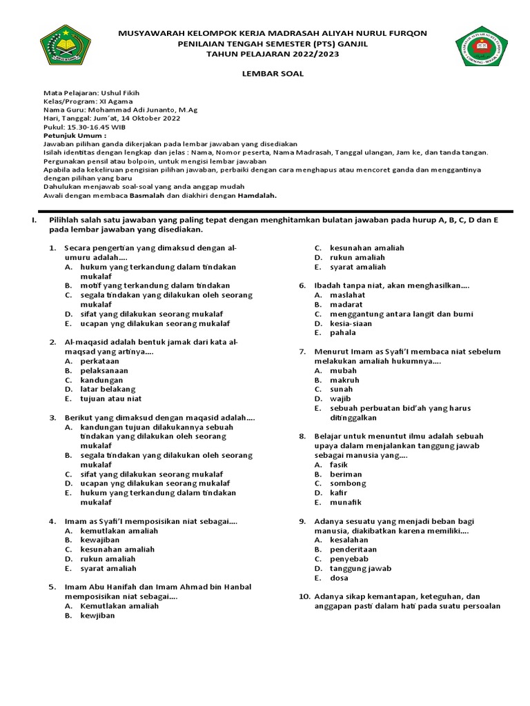 Soal Ushul Fikih XI PTS Ganjil 2022 | PDF