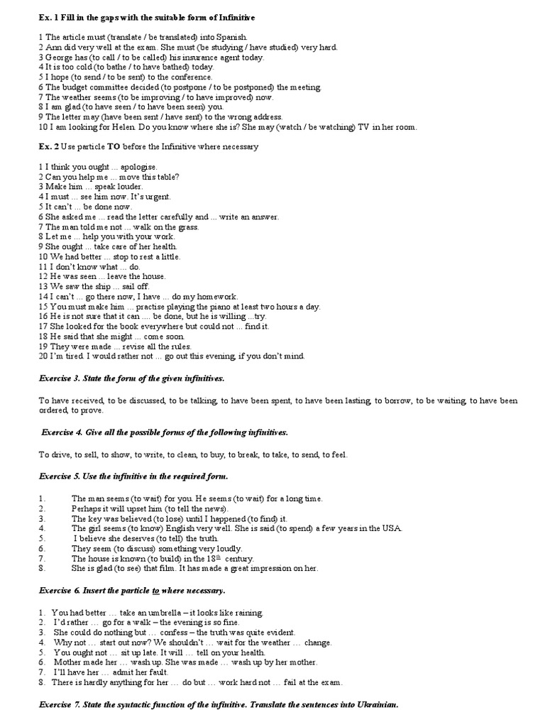 Infinitive Grammar Exercises Worksheet | PDF