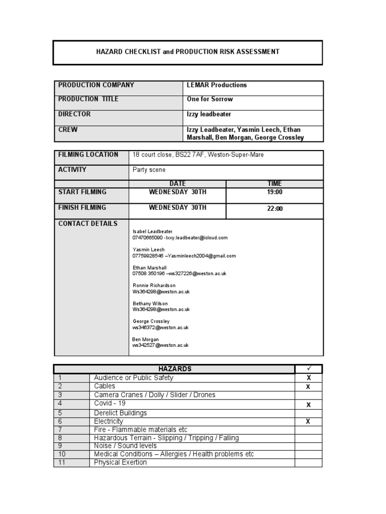 risk assessment sheet 1 final | PDF | Risk | Safety