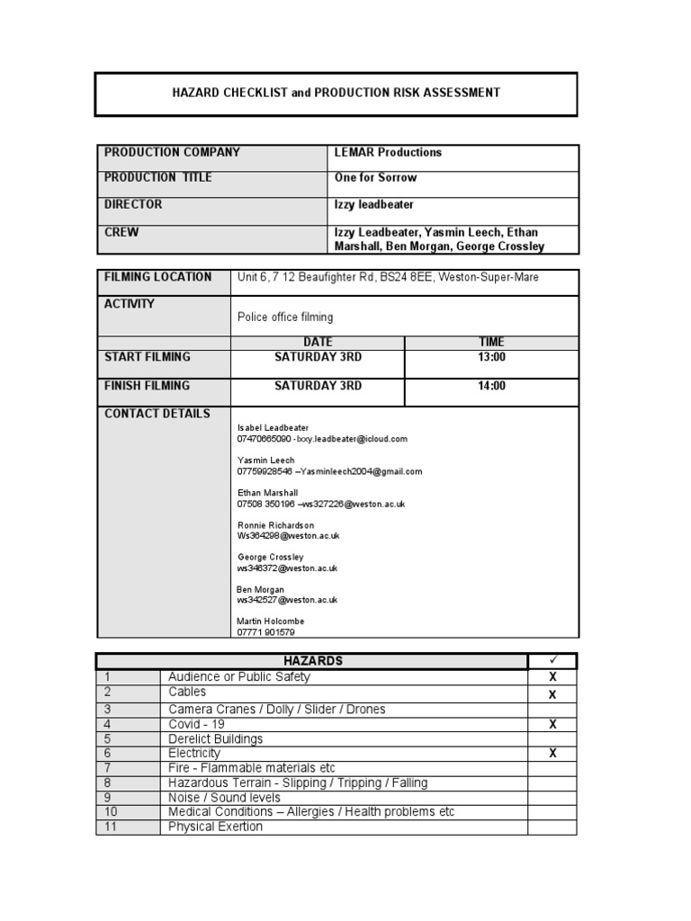 Risk Assessment Sheets Final | PDF | Risk | Lighting