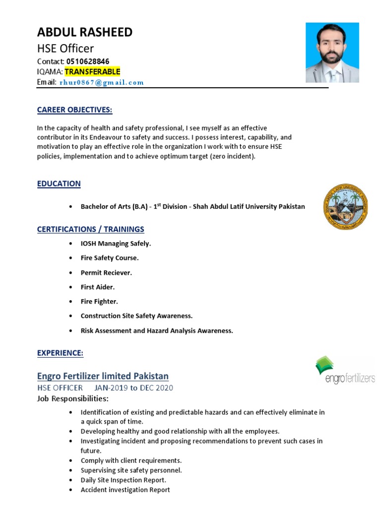 Abdul Rasheed HSE OFFICER CV | PDF | Safety | Risk Assessment