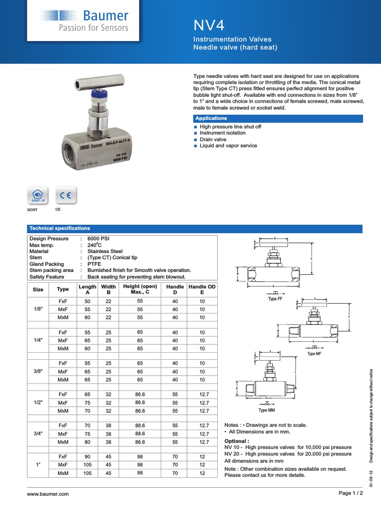 Baumer_NV4_DS_1208 | PDF | Valve | Mechanical Engineering