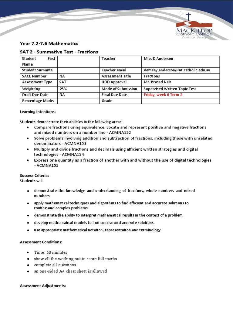 Fraction Summative Test | PDF | Mathematics | Understanding