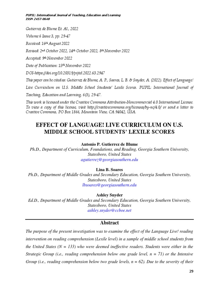 Effect of Language! Live Curriculum On U.S. Middle School Students ...