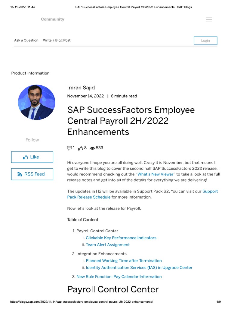SAP SuccessFactors Employee Central Payroll 2H - 2022 Enhancements | PDF