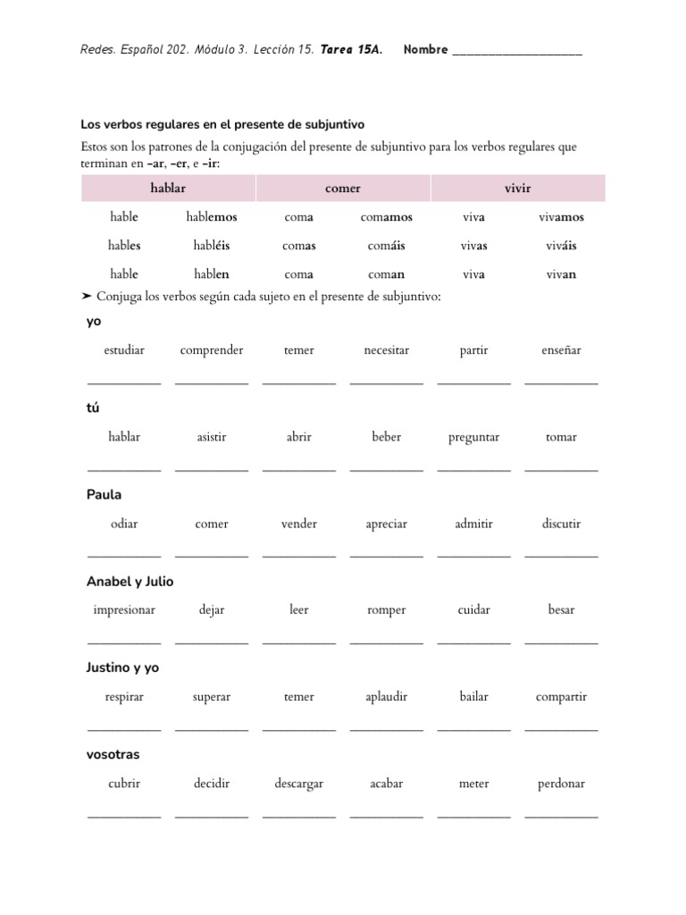 Tarea 15A. El Presente de Subjuntivo. | PDF | Mecánica del lenguaje ...
