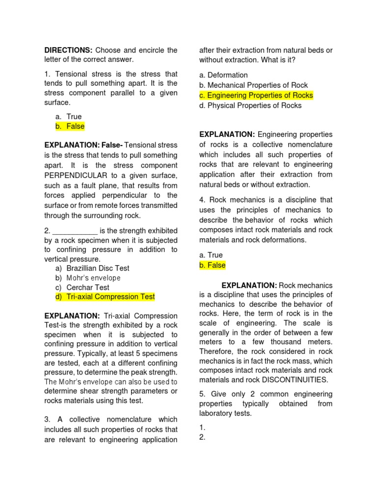 Rock Mechanics Questionnaires | PDF | Strength Of Materials | Fault (Geology)