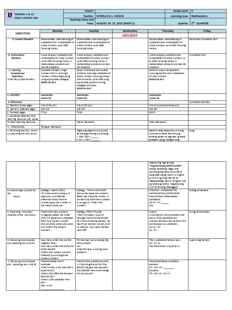 Grade 2 Math DLL: Week 2 Overview | PDF | Behavior Modification | Learning