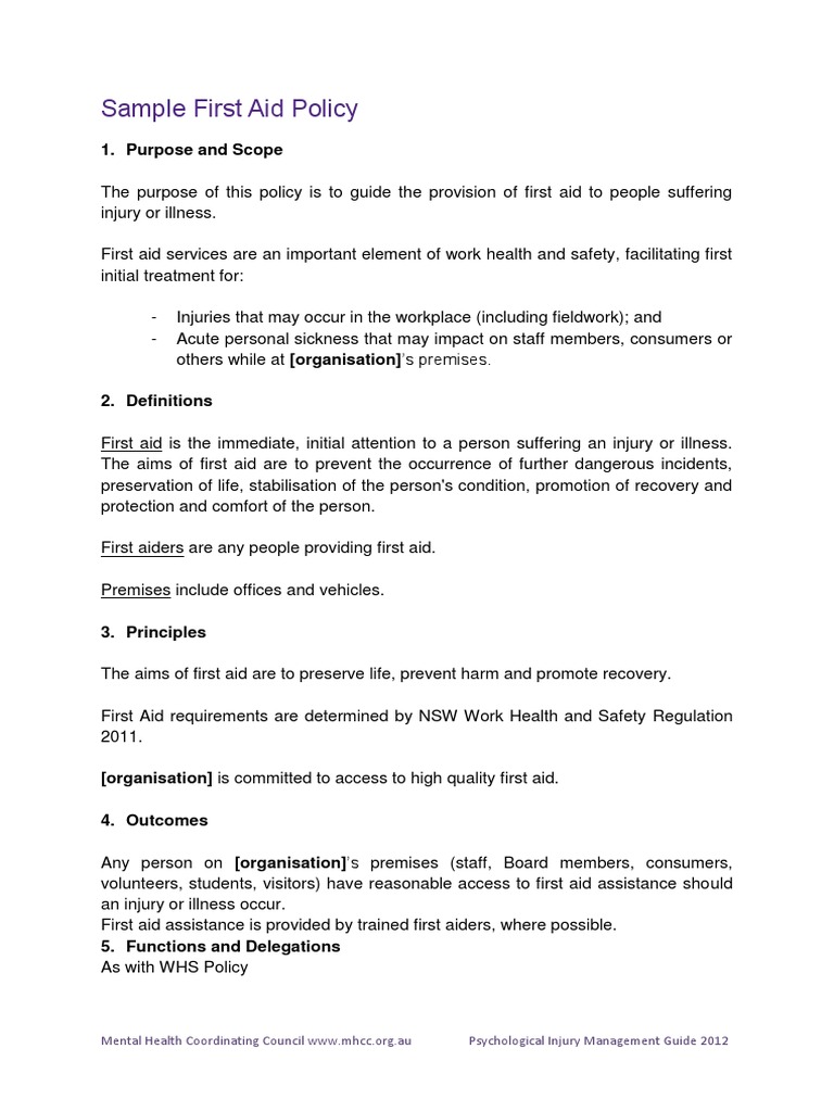 Sample First Aid Policy | PDF | First Aid | Occupational Safety And Health