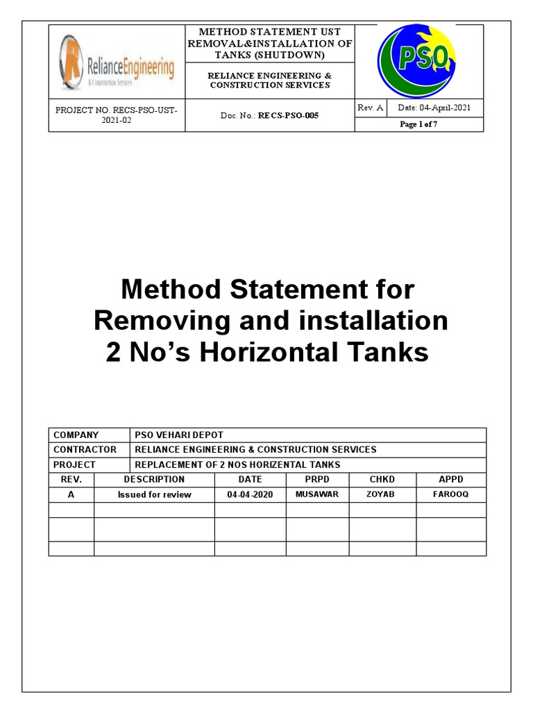 Method Statement for Removing and installation of Tanks & pipping work | PDF | Crane (Machine ...