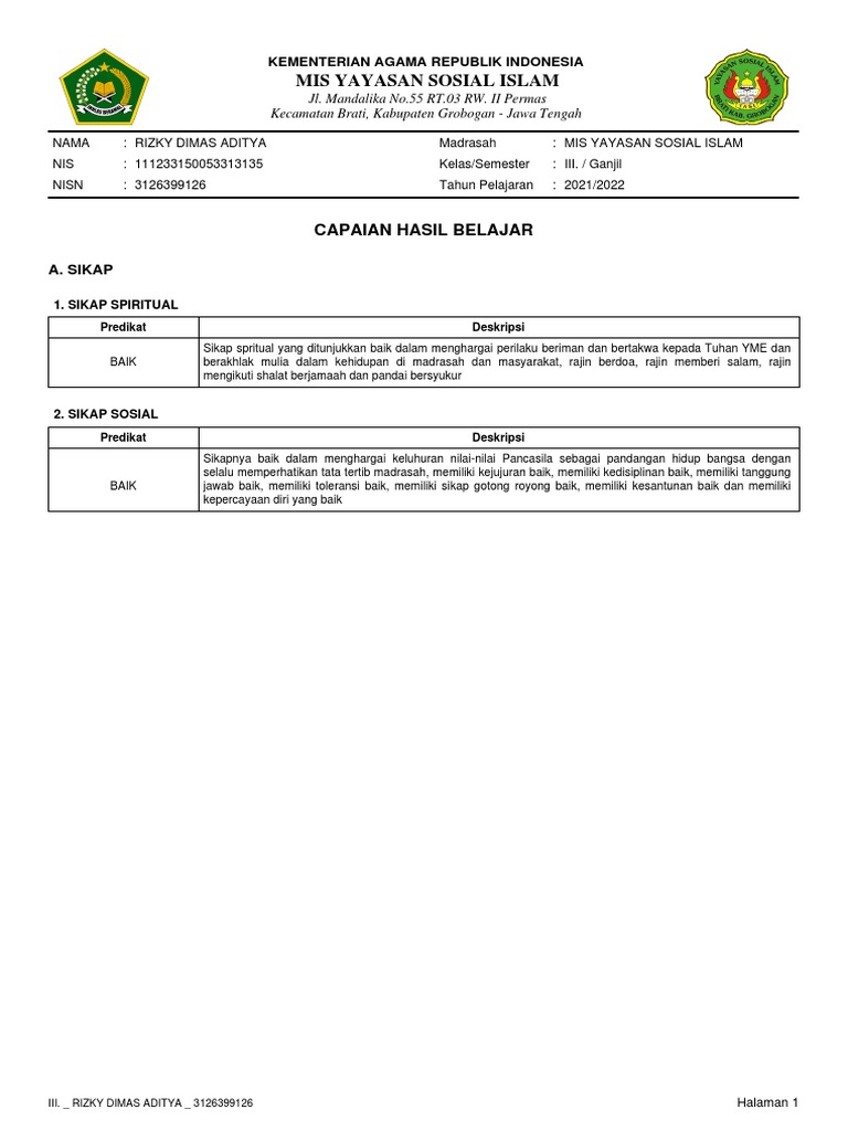 Rapor III. - RIZKY DIMAS ADITYA - 3126399126 | PDF