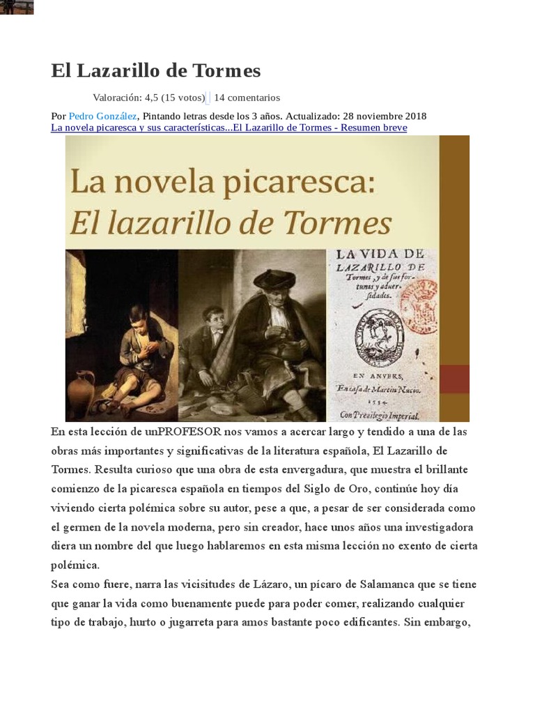 Resumen y personajes de Lazarillo de Tormes | PDF