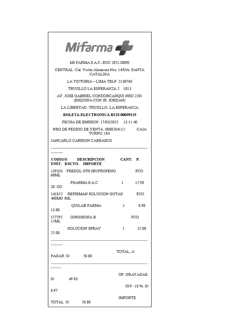 Boleta Mifarma | PDF